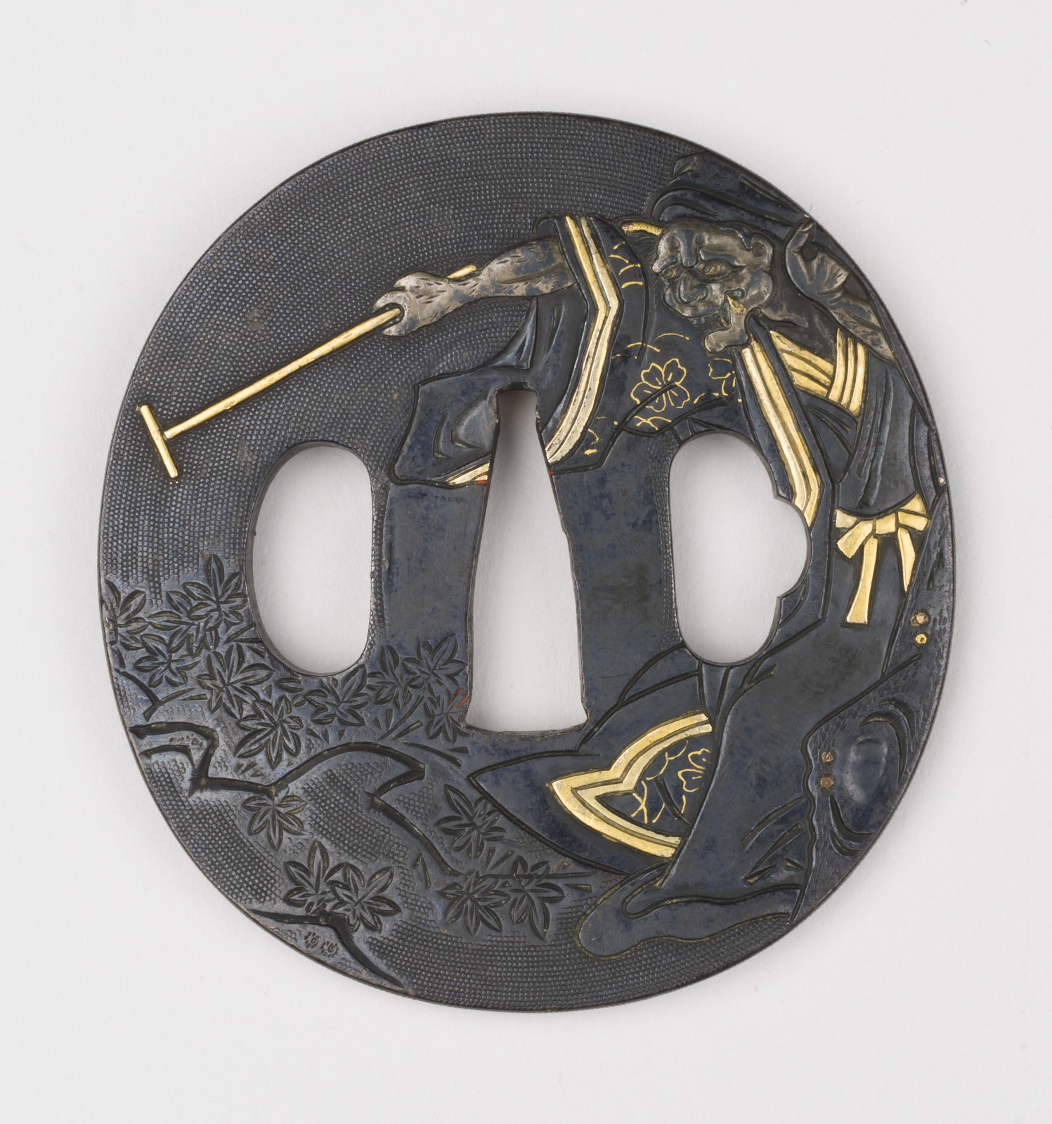 Sword Guard (tsuba) with Design of Sleeping Courtier Being Awoken by an ...
