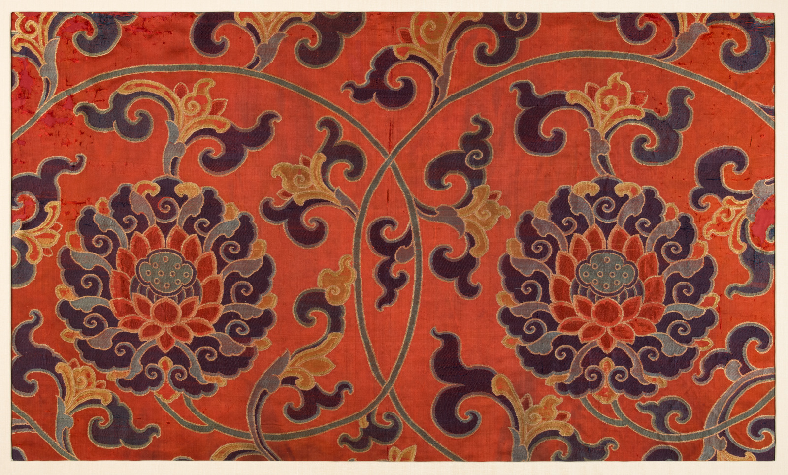 Fragment of Textile with Design of Scrolling Lotus Flowers, Stems, and ...