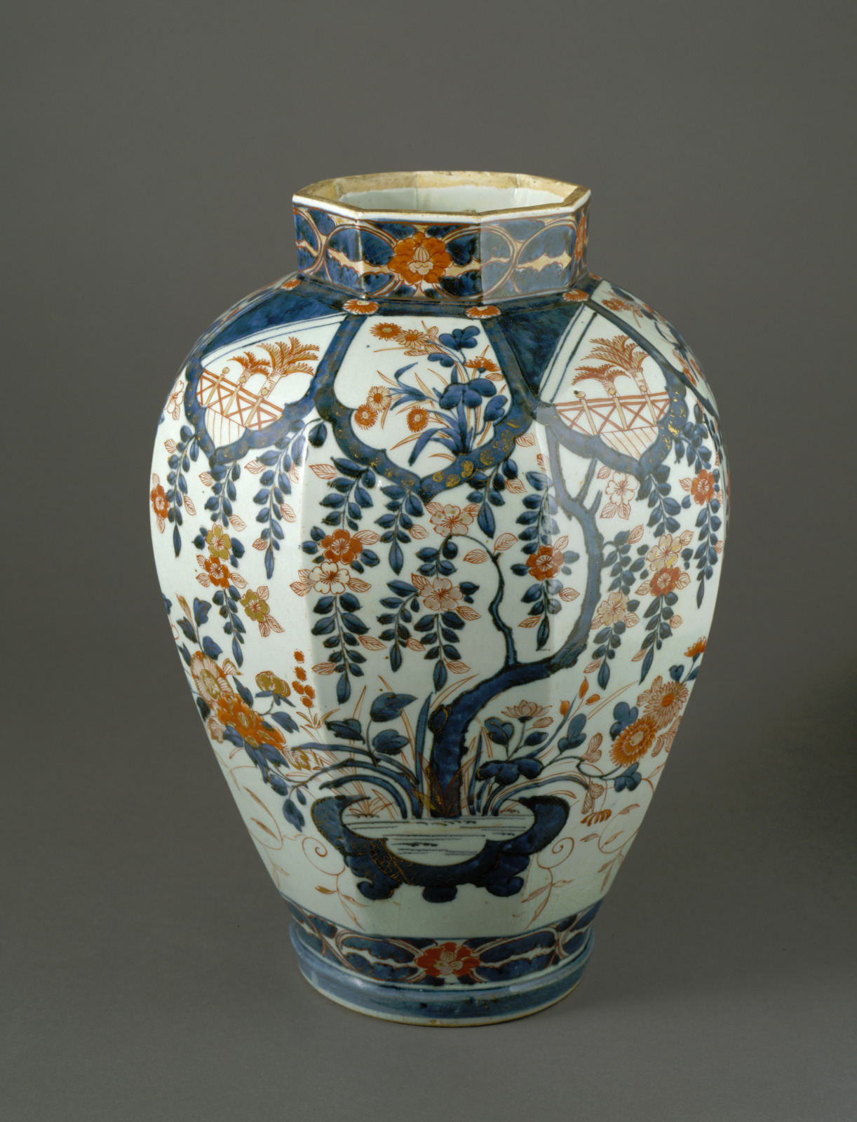 Octagonal Jar with Design of Cherry Trees, Peonies, and Chrysanthemums ...
