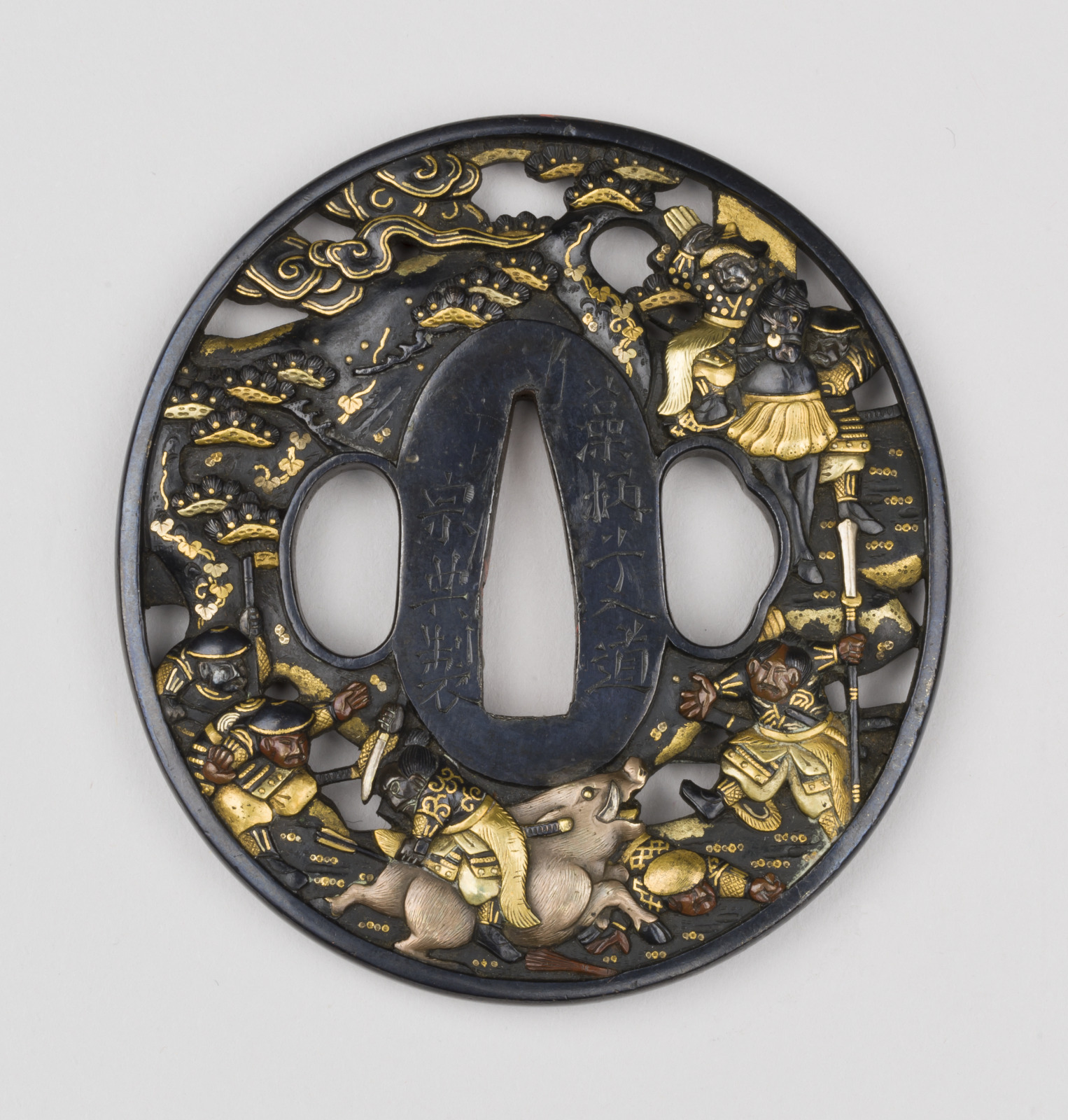 Sword Guard (tsuba) with Openwork Design of Boar and Hunters in a ...